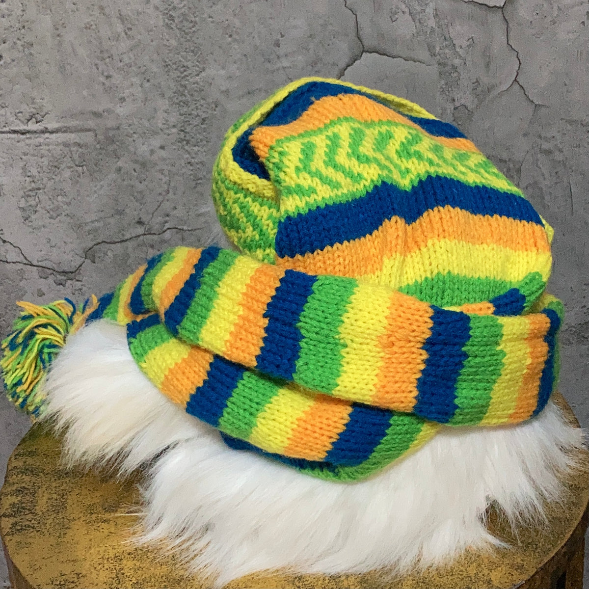 elf tail border knit scarf cap night cap long stocking green yellow bl ...